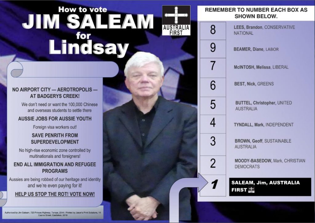 How to vote Jim Saleam for Lindsay (Sydney’s abandoned Penrith Valley)